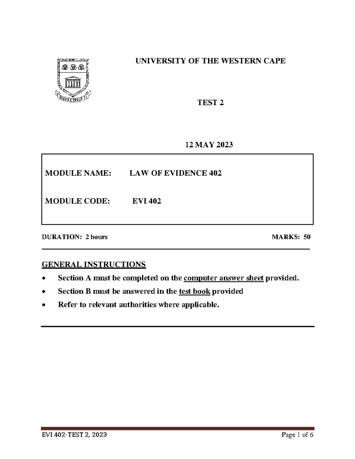 Evidence Test 2 2023 - UNIVERSITY OF THE WESTERN CAPE TEST 2 12 MAY ...