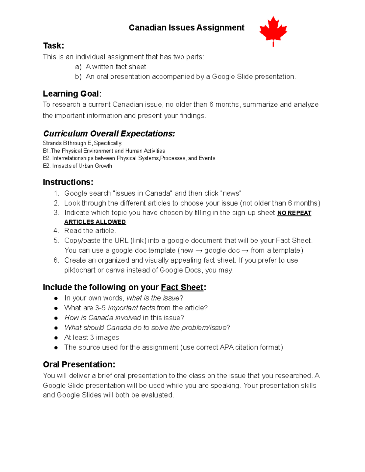 Canadian Issues Assignment - Canadian Issues Assignment Task: This is ...