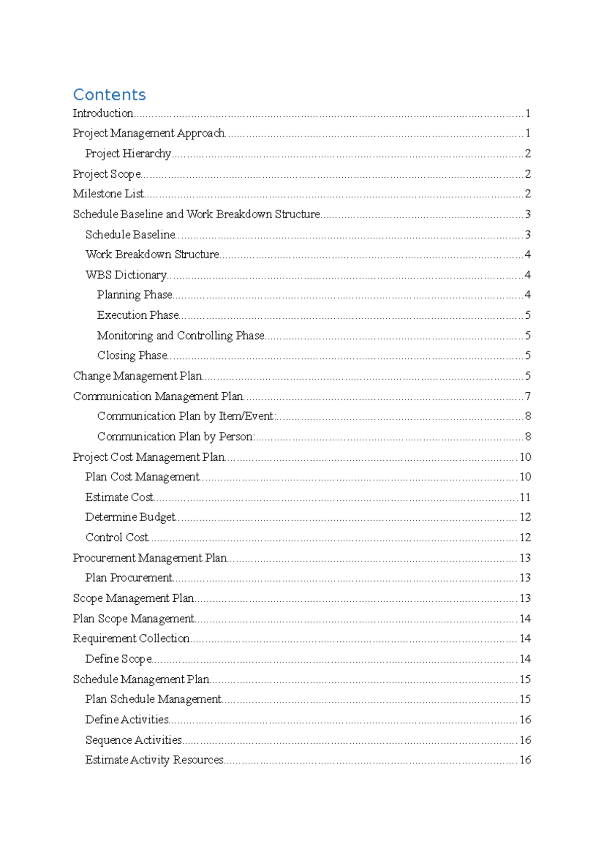 Project Management Plan - Contents - Studocu