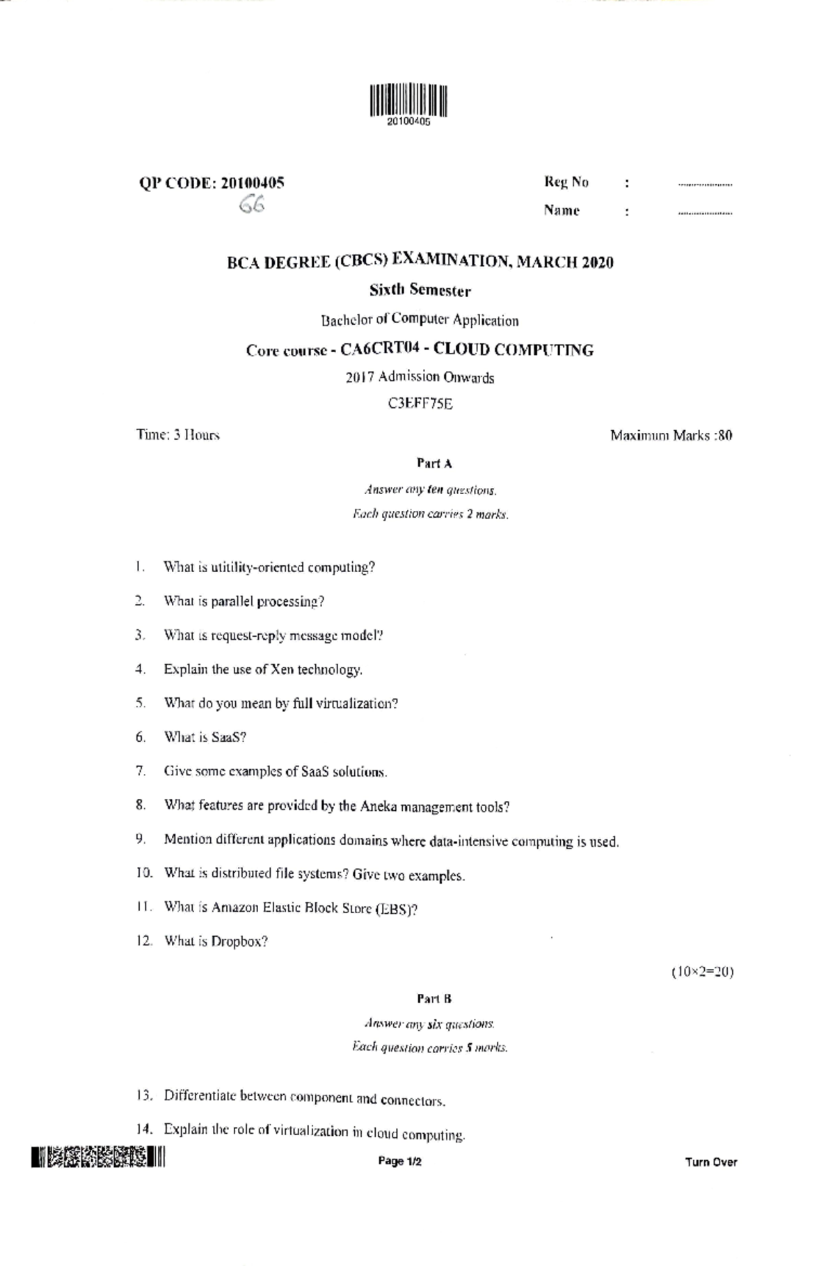 Cloud 2020 - Bca - 20100405 QP CODE: 20100405 Reg No ************ 66 ...