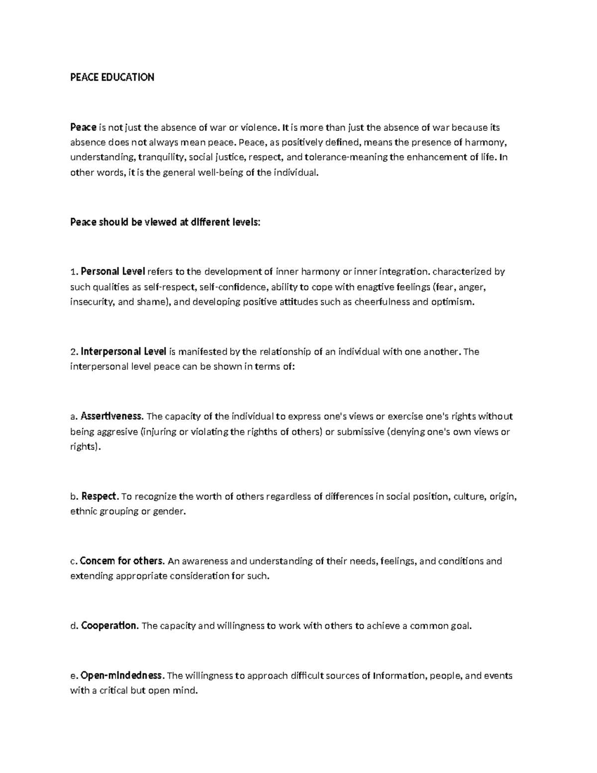 Peace- Education - N/A - PEACE EDUCATION Peace is not just the absence ...