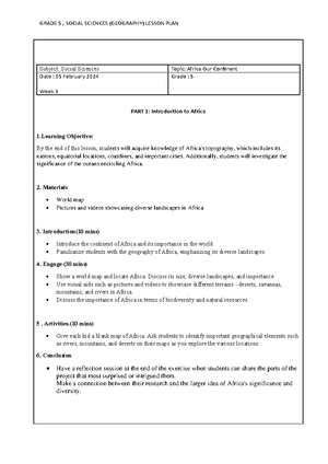 Grade 5 Short Lesson PLAN 3^J africa our continent - GRADE 5 : SOCIAL ...