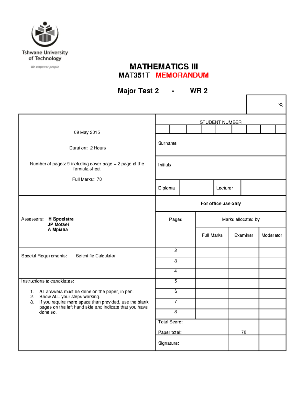 MAT351T-WR2 MEMO 2015 A - MATHEMATICS III MAT351T MEMORANDUM Major Test ...