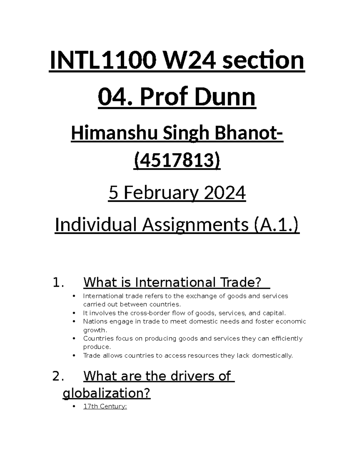 A1 -1 - Assignment A1 - INTL1100 W24 section 04. Prof Dunn Himanshu ...