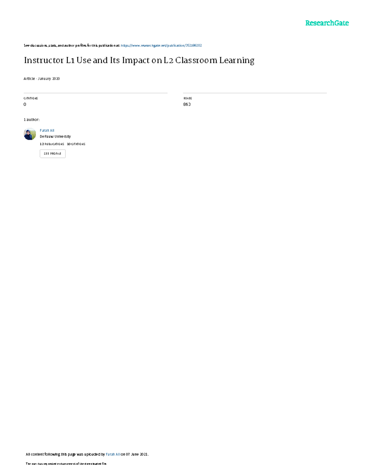 Instructor l1 use and its impact on l2 classroom learning - See discussions, stats, and author ...