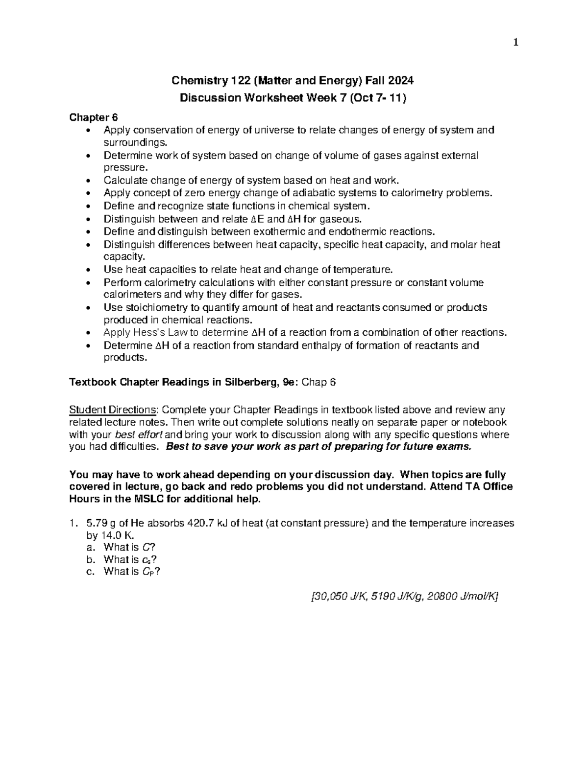 CHEM 122 F24 Week 7 - discussion - Chemistry 122 (Matter and Energy ...