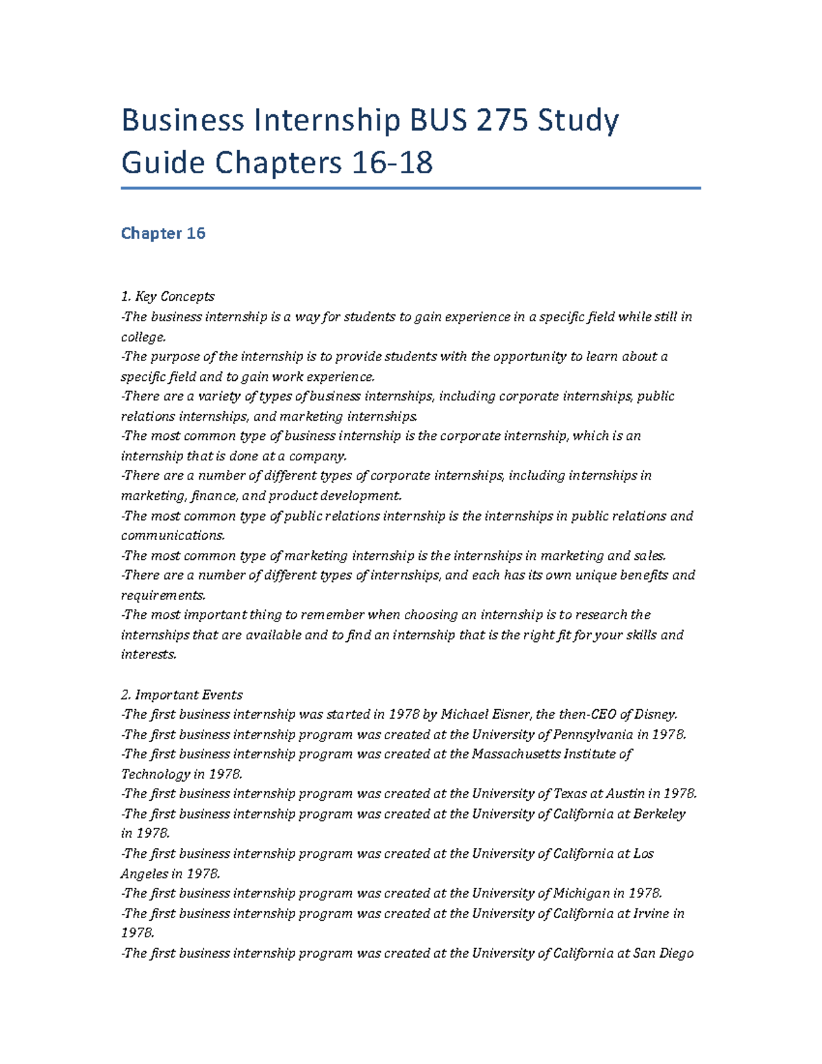 Business Internship BUS 275 Study Guide Chapters 16-18 - Business Internship BUS 275 Study Guide ...