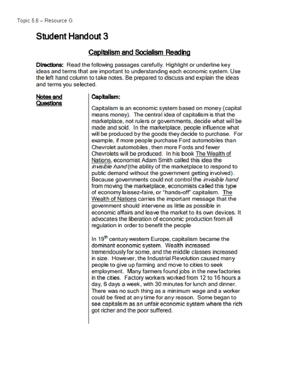 Topic 5 - assignment - Topic 5 Resource G Student Handout 3 Capitalism ...