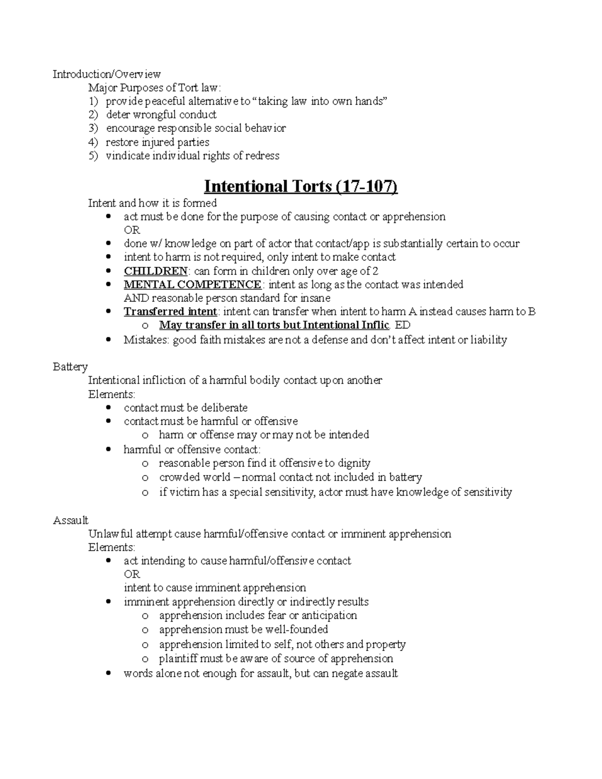 Torts Outline For 1L - Introduction/Overview Major Purposes of Tort law ...