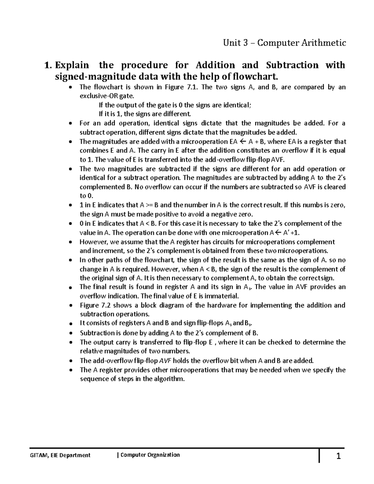 Unit-3Computer Arithmetic - 1. Explain the procedure for Addition and Subtraction with - Studocu