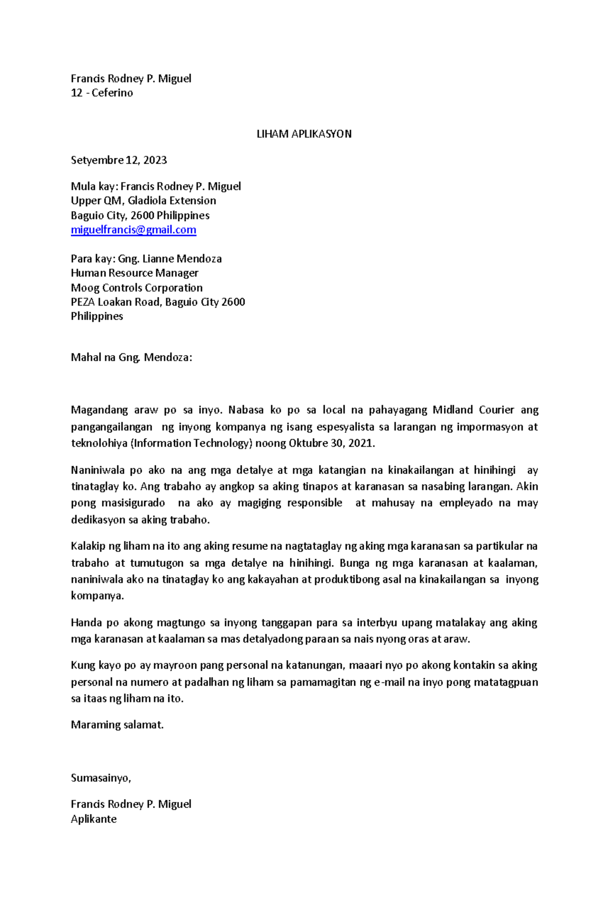 Liham Aplikasyon - A letter - Francis Rodney P. Miguel 12 - Ceferino ...
