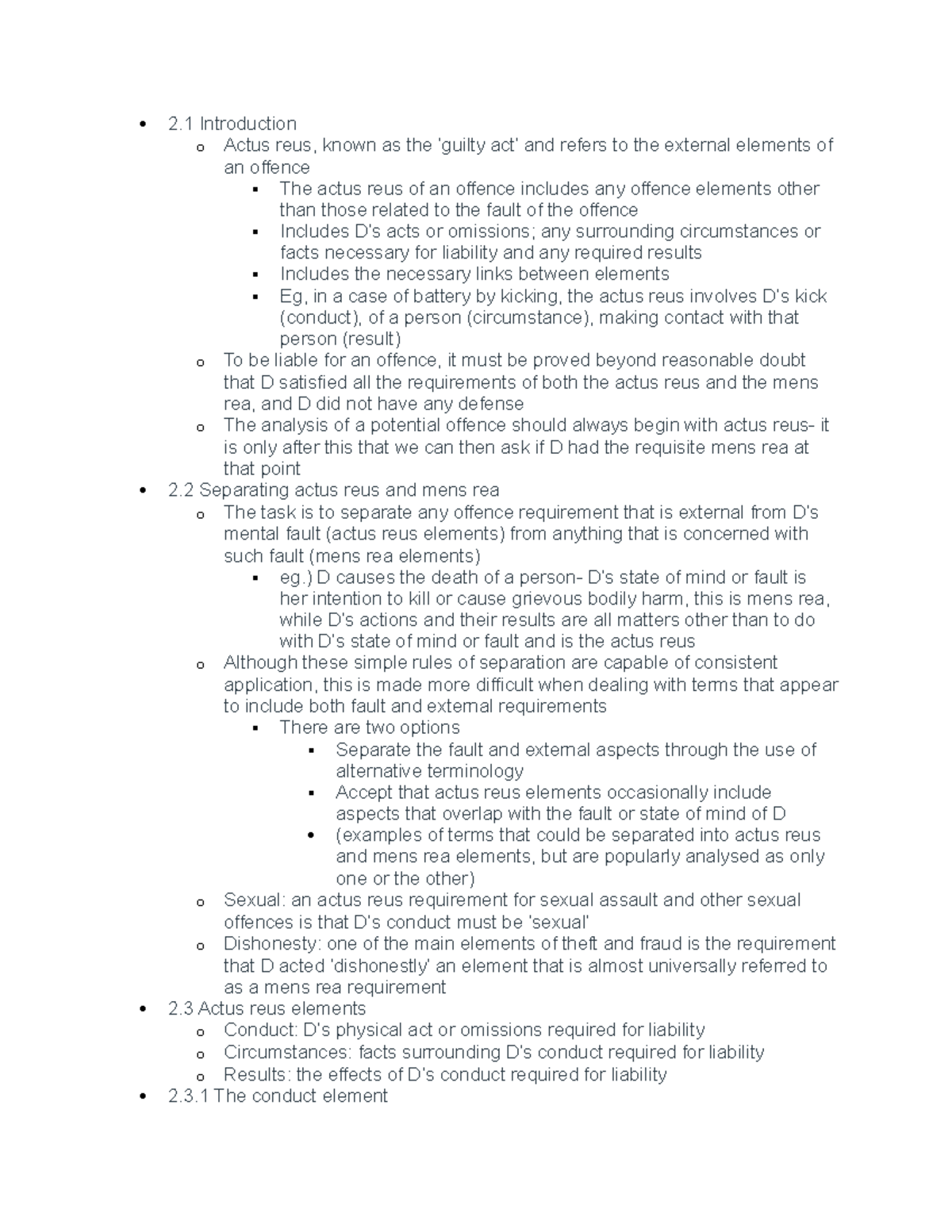 Crim law chapter 2 notes - 2 Introduction o Actus reus, known as the ...