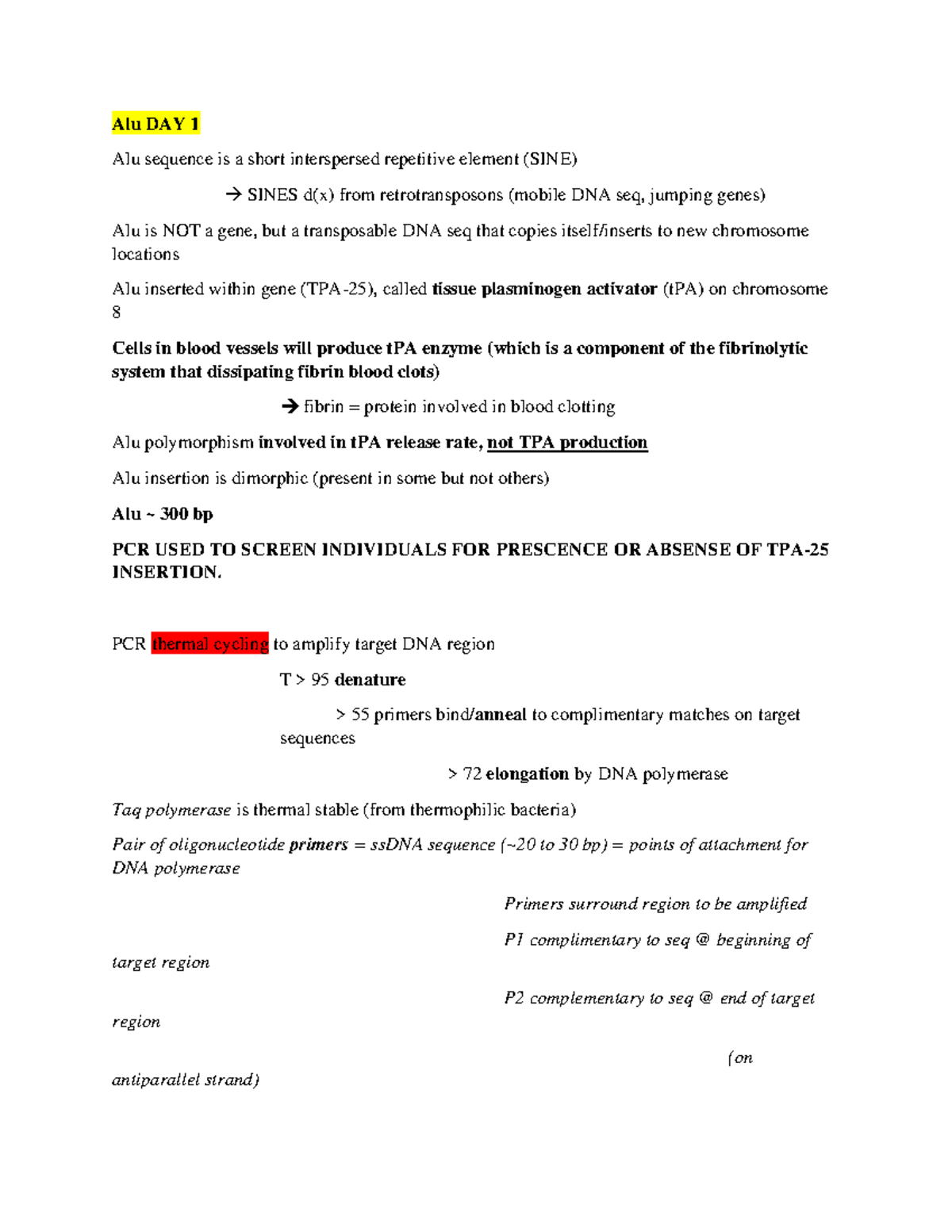 PCR DAY 1 Lab Notes and Rationale winter 2021 - Alu DAY 1 Alu sequence ...