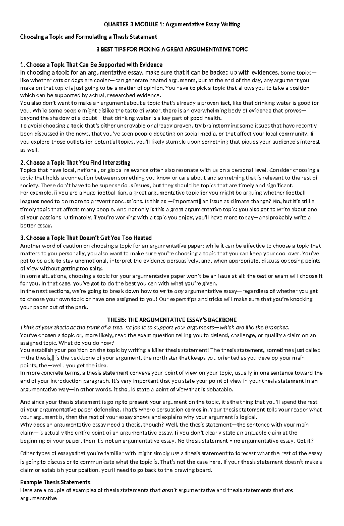 Q3 M1 Argumentative and Essay Writing - QUARTER 3 MODULE 1 ...