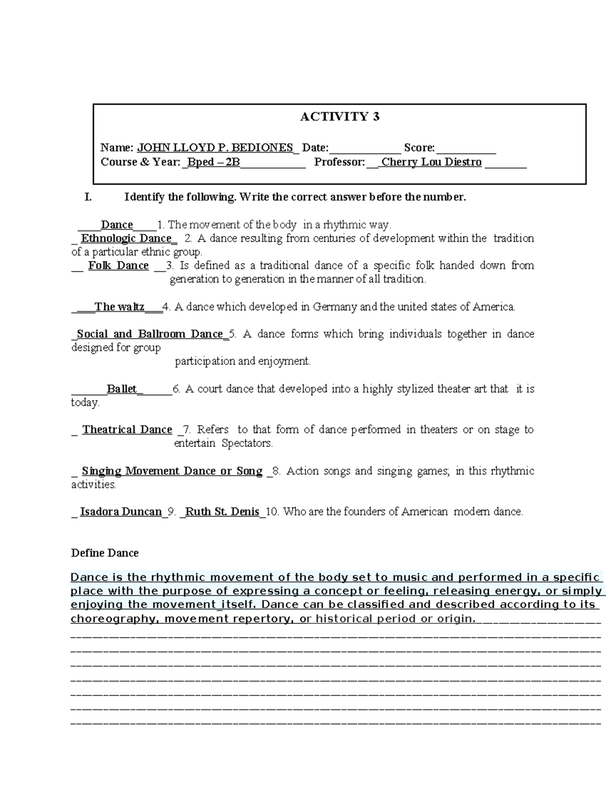 Activity 3 PE-103 - good - I. Identify the following. Write the correct ...
