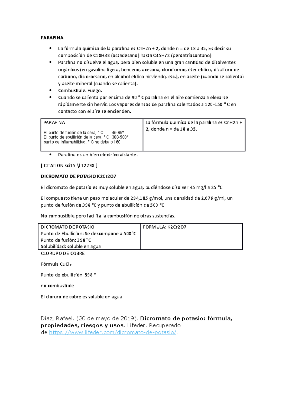 Parafina Cu CL2 dicromato de K - PARAFINA La fórmula química de la ...