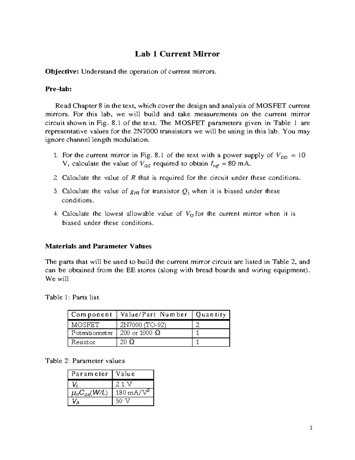 Lab1 Current Mirror - Lab 1 Current Mirror Objective: Understand the ...