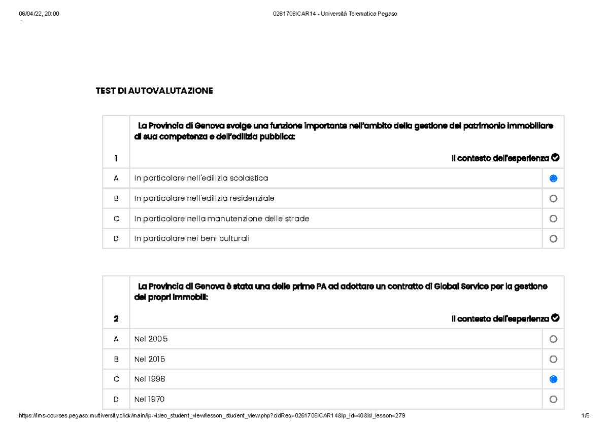 Test 36 - Case Study Provincia di Genova - TEST DI AUTOVALUTAZIONE 1 La ...