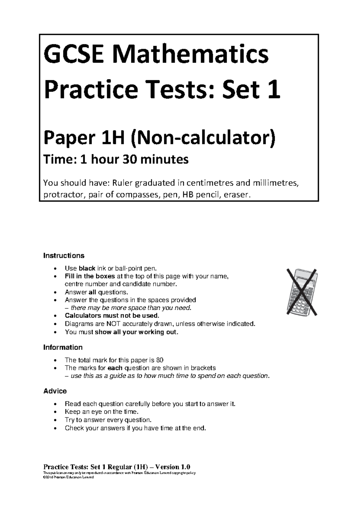 Practice test set 1 - Paper 1H - Practice Tests: Set 1 Regular (1H ...
