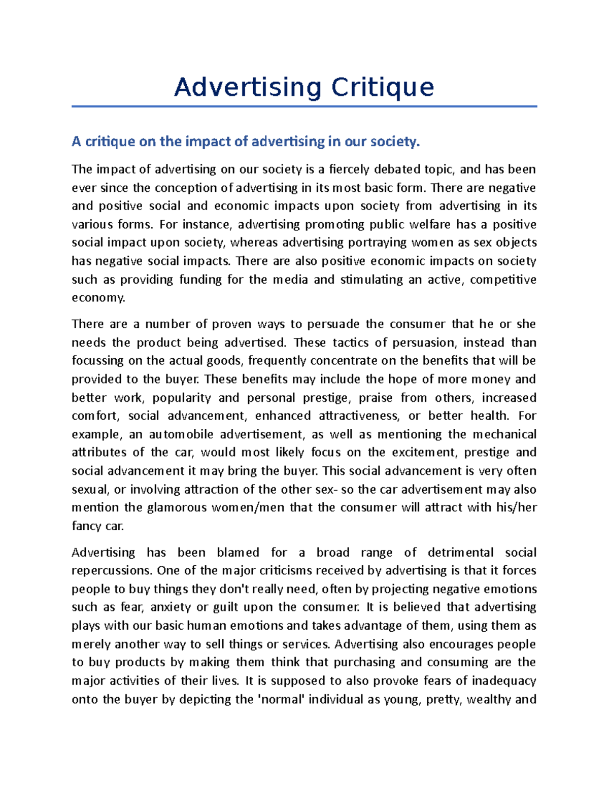 A Critique on the Impact of Advertising in our Society - The impact of ...