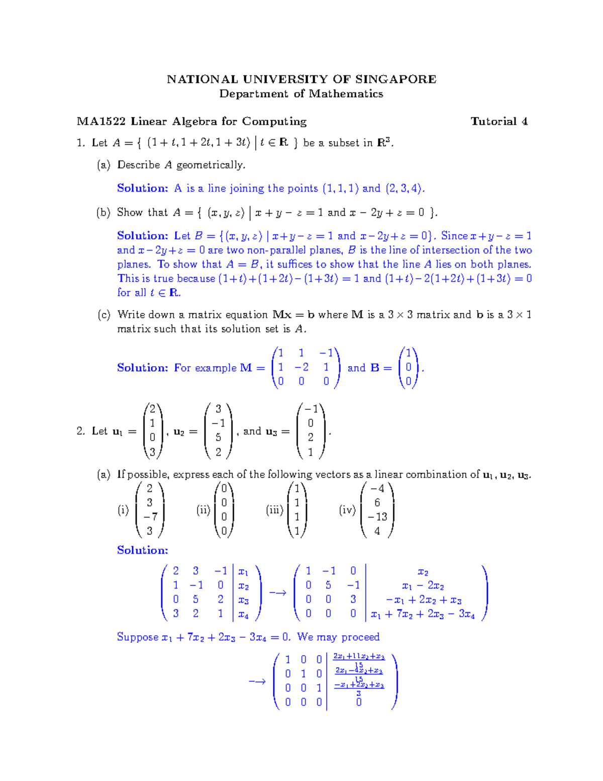 MA1522 Tutorial 4 Solutions - NATIONAL UNIVERSITY OF SINGAPORE Department of Mathematics MA1522 ...