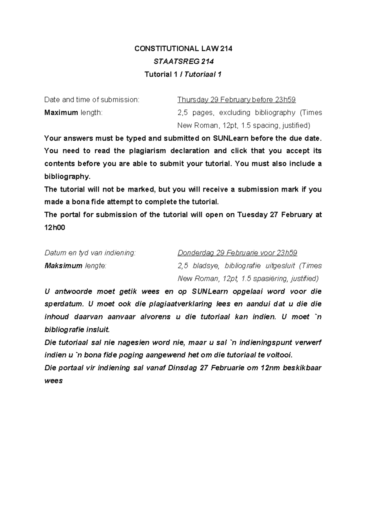 CON LAW 214 Tutorial 1 2024 - CONSTITUTIONAL LAW 214 STAATSREG 214 ...