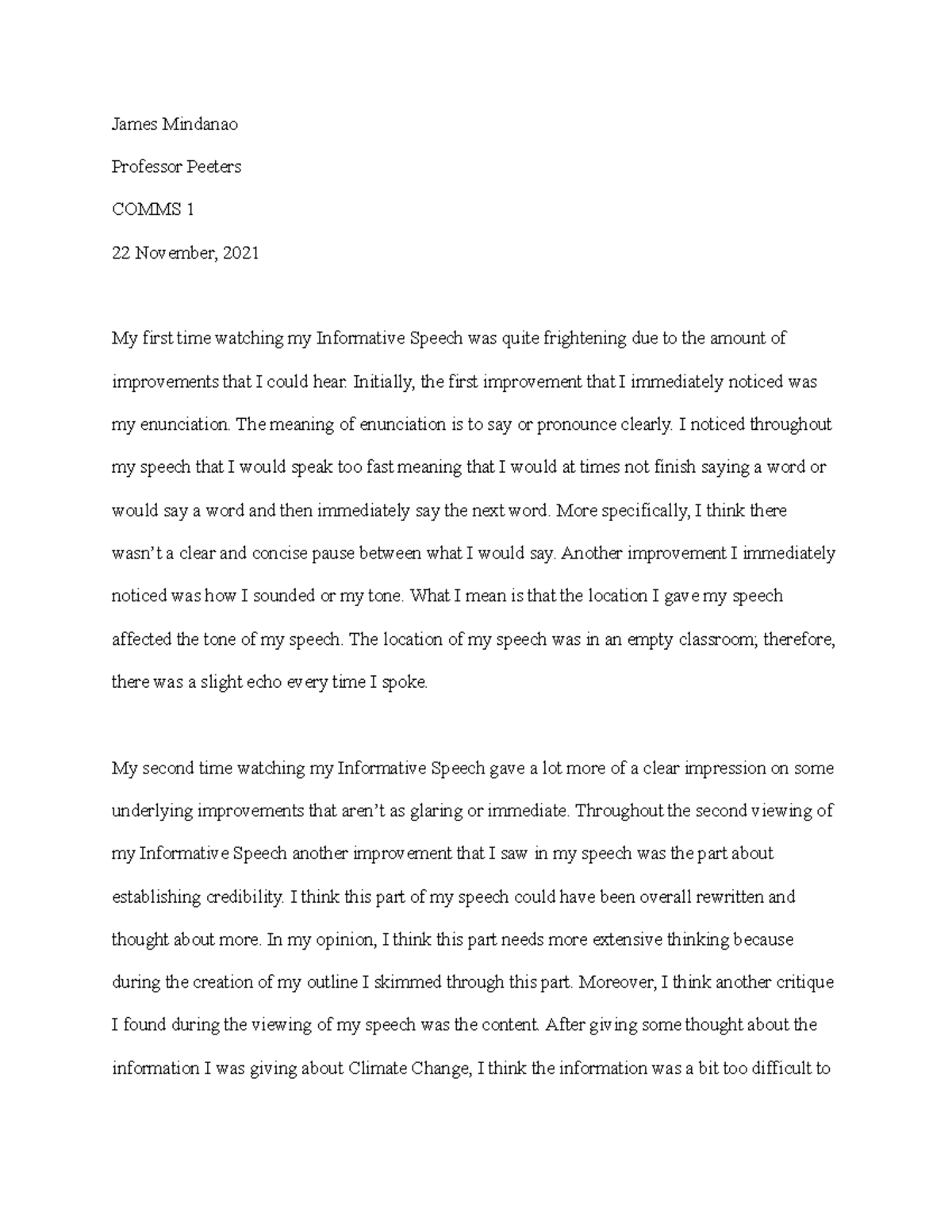 Informative Speech Self-Critique - James Mindanao Professor Peeters ...