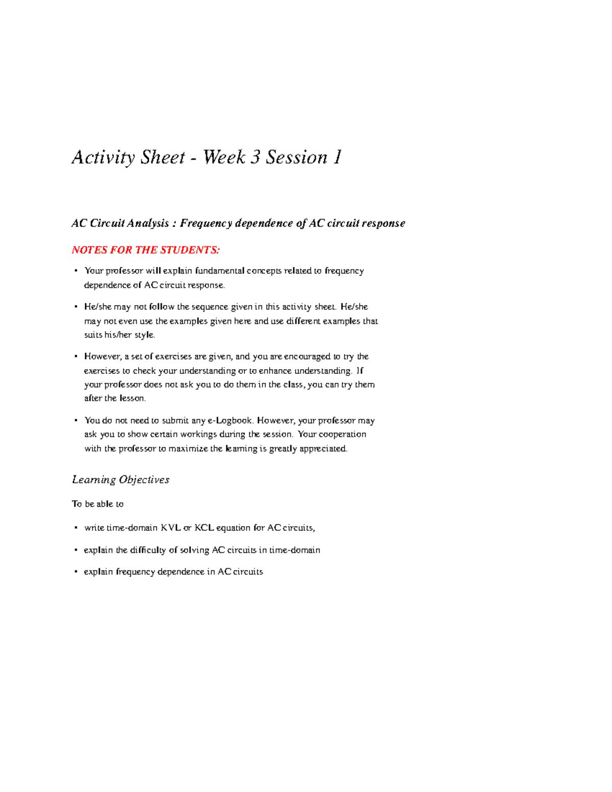 EE2111A Wk3S1 Activity Sheet - Activity Sheet - Week 3 Session 1 AC Circuit Analysis : Frequency ...