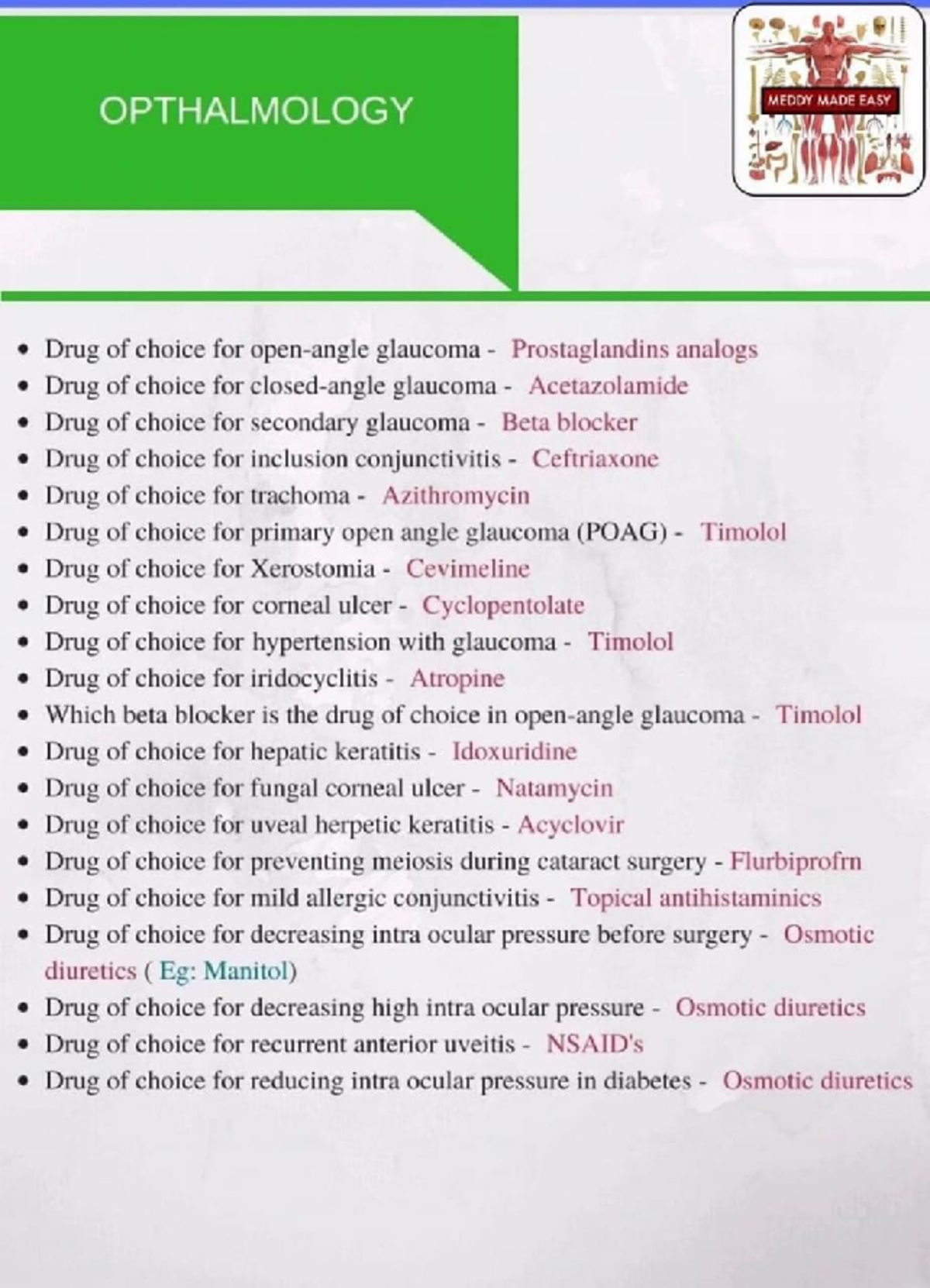 Opthalmology Drugs Pharmocology Notes For Nursing - nursing - Studocu