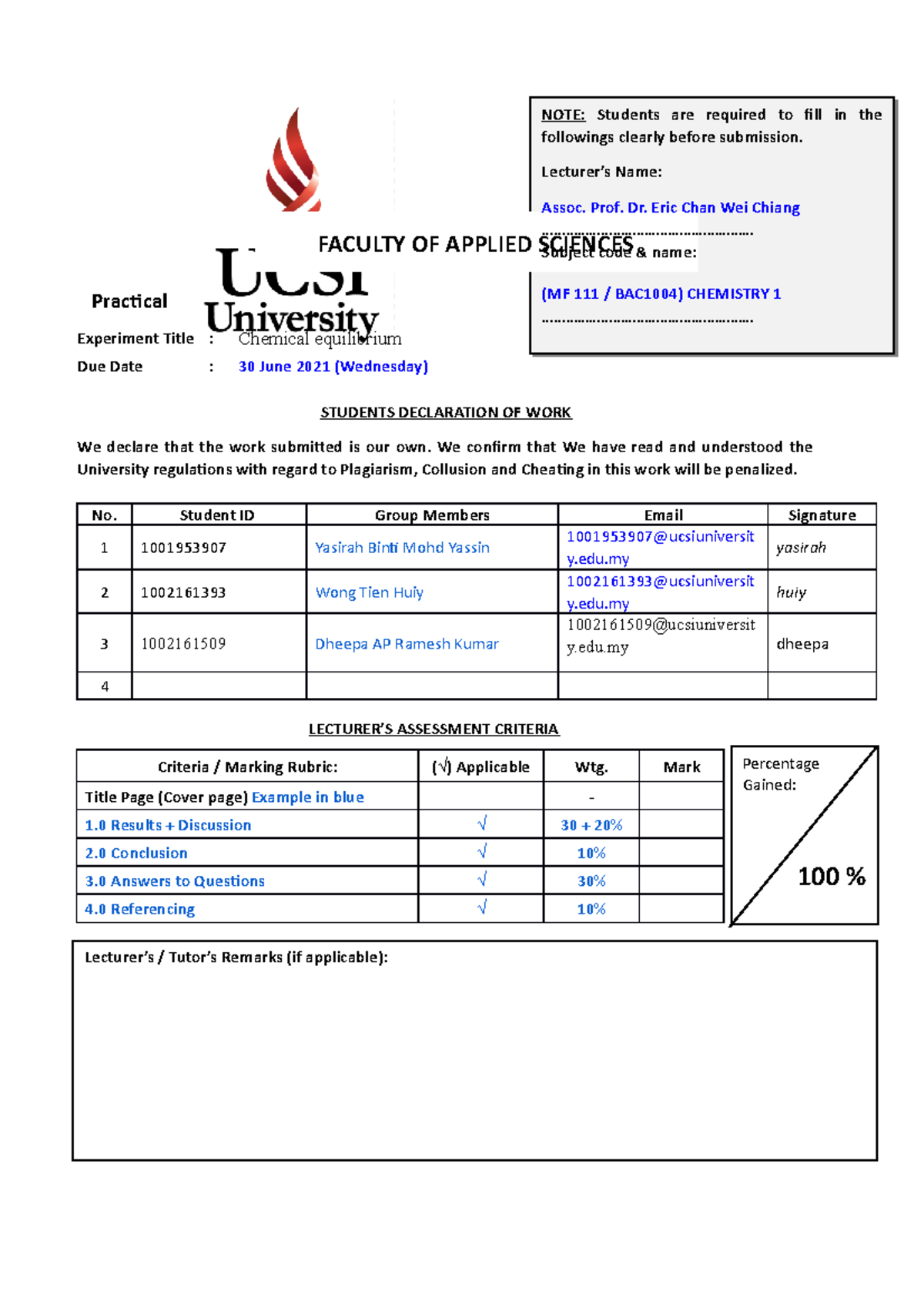 Chemistry experiment 4 lab report practical - Practical No.: 4 (Group ...