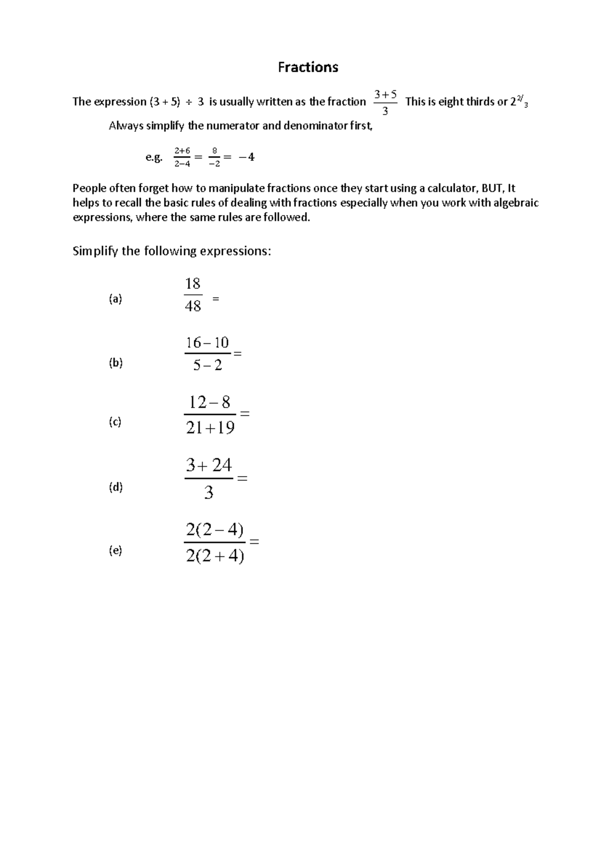 Fractions worksheet - Useful - Fractions The expression (3 + 5) ÷ 3 is ...