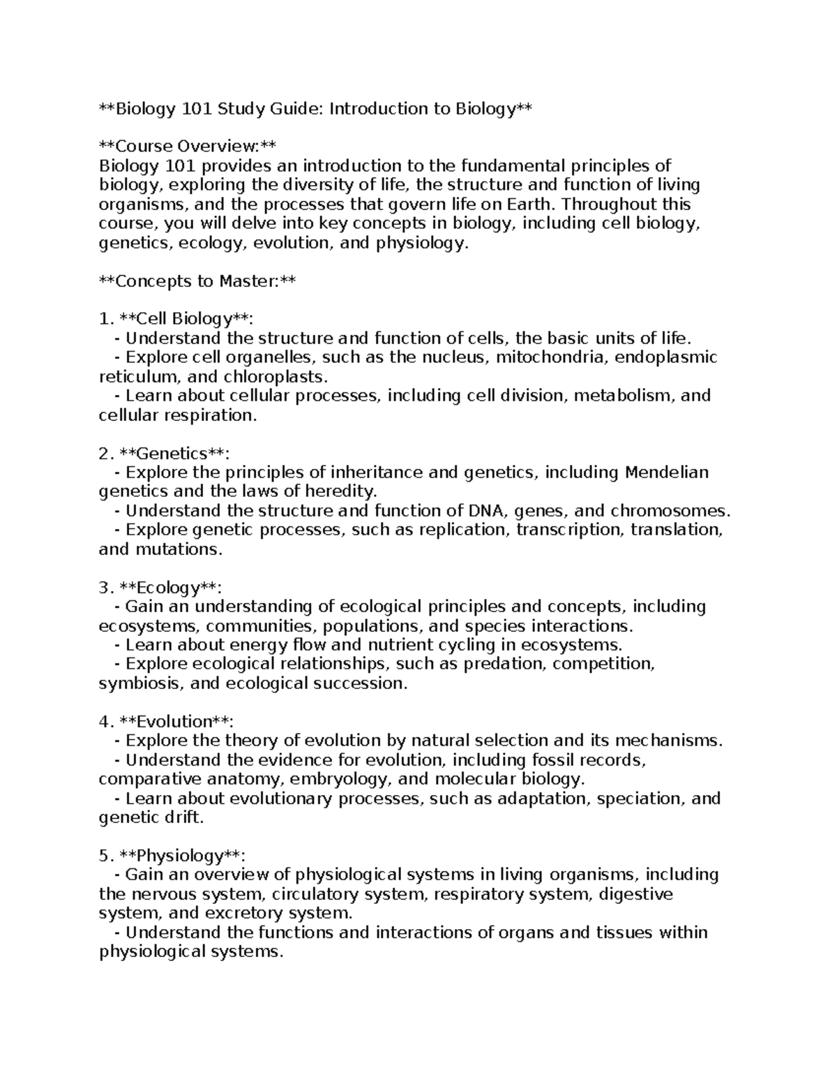 Bio 101 - study guide - Biology 101 Study Guide: Introduction to ...