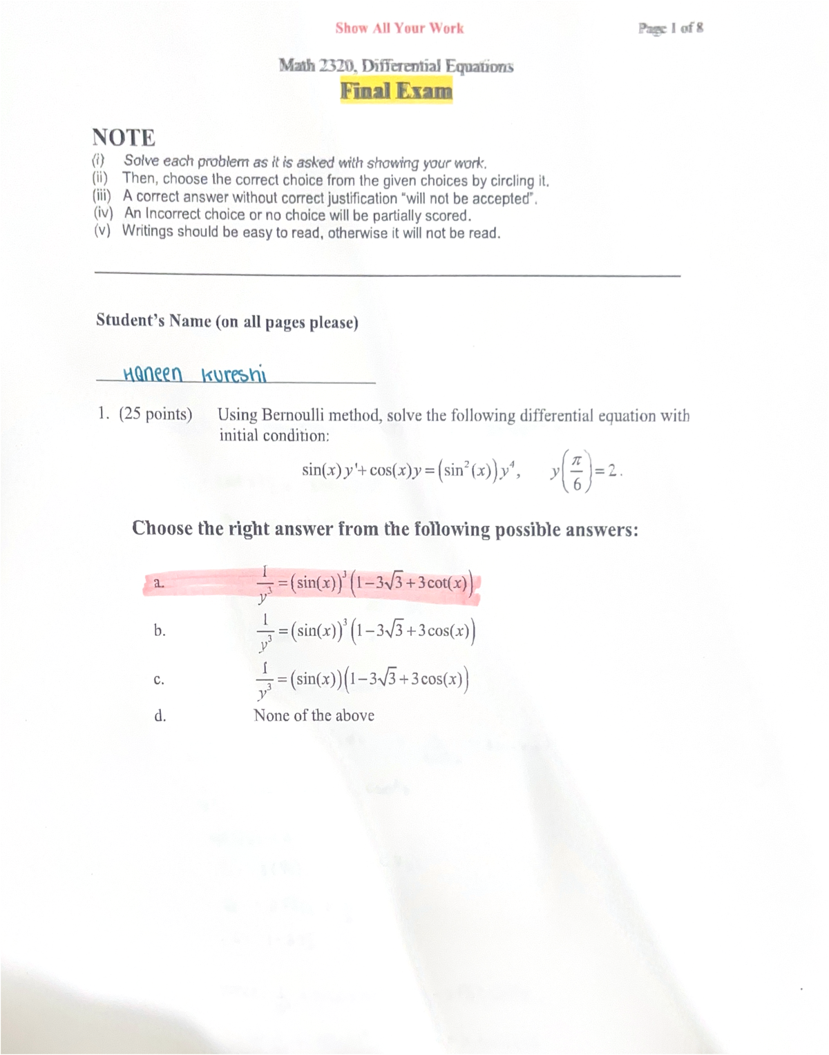 Final exam math de dr hag - Show All Your Work Page I of 8 Math 2320. Differential Equations ...