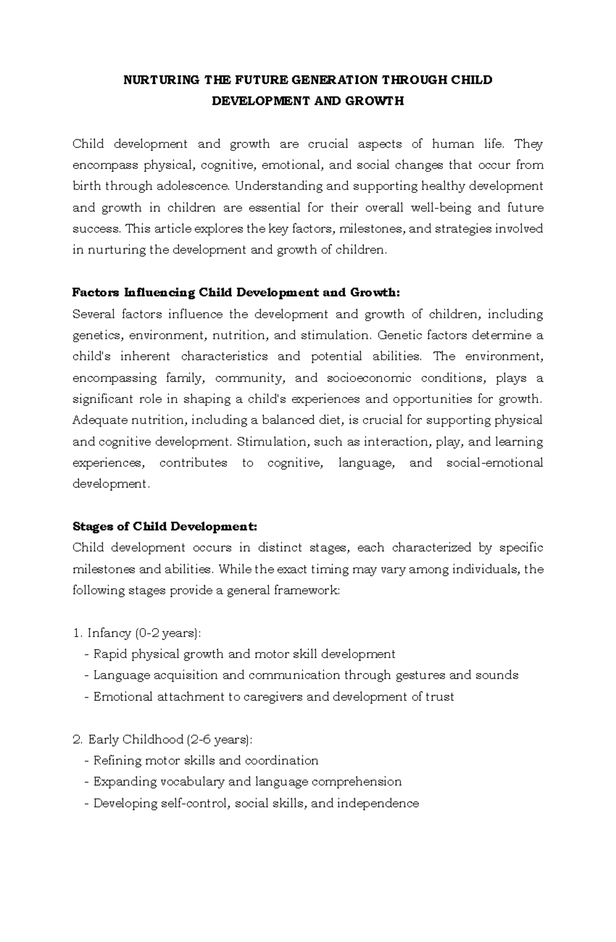 Nurturing THE Future Generation Through Child Development AND Growth ...