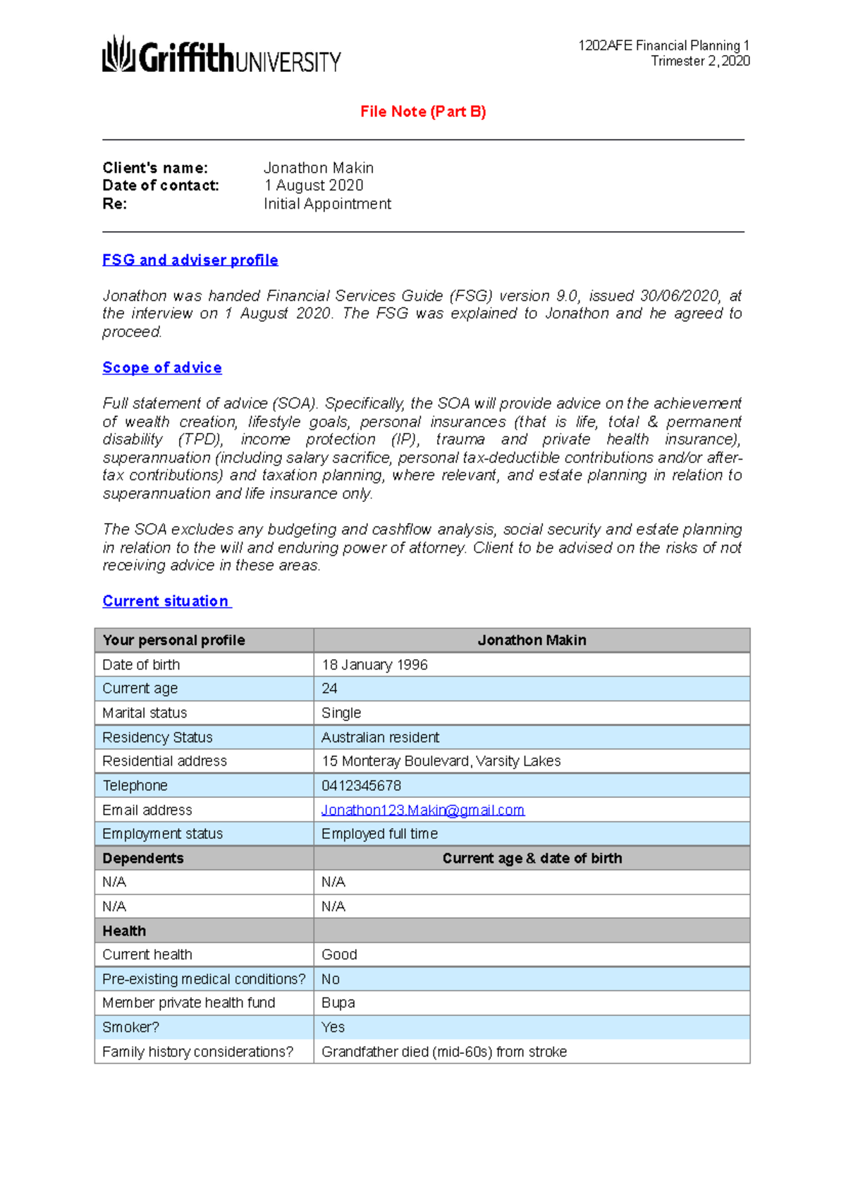 Filenote Assignment - Part B - File Note (Part B) Client's name ...