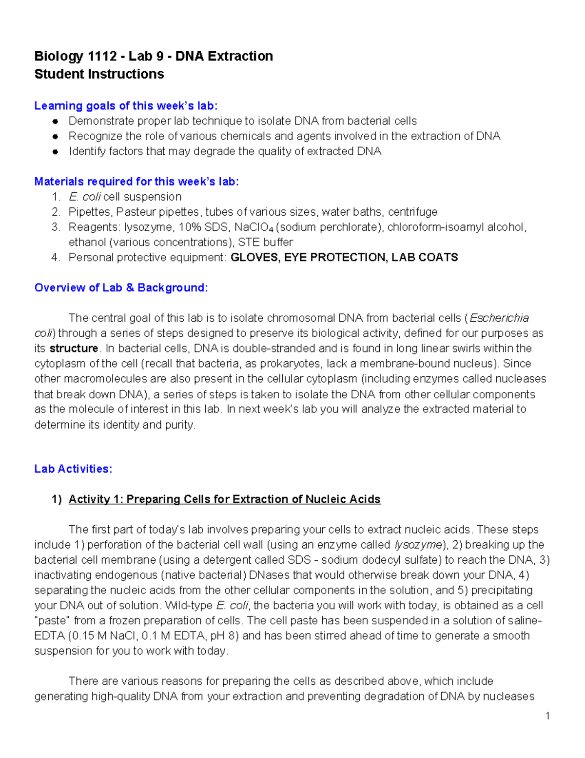 Lab 9 - Student Instructions - DNA Extraction - Biology 1112 - Lab 9 ...