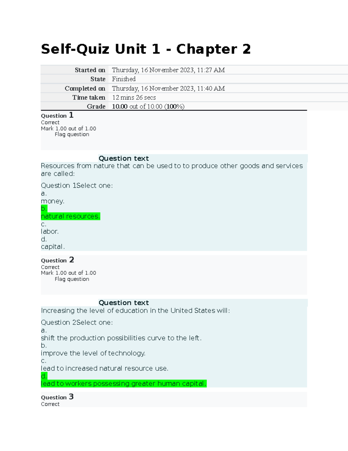 Self quiz Unit 1 Chapter 2 - Self-Quiz Unit 1 - Chapter 2 Started on Thursday, 16 November 2023 ...