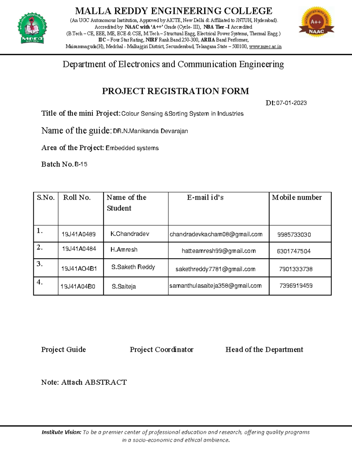Mini Registration Form - Institute Vision: To be a premier center of ...