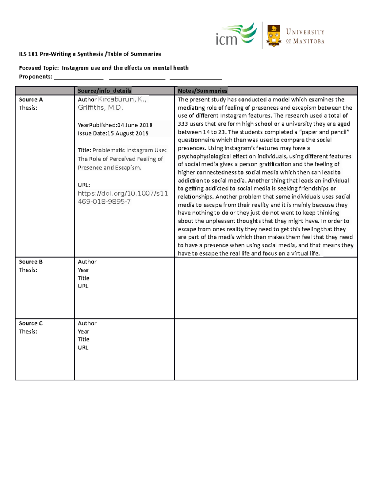 Synthesis Pre-writing Table of Summaries - ILS 101 Pre-Wriing a ...