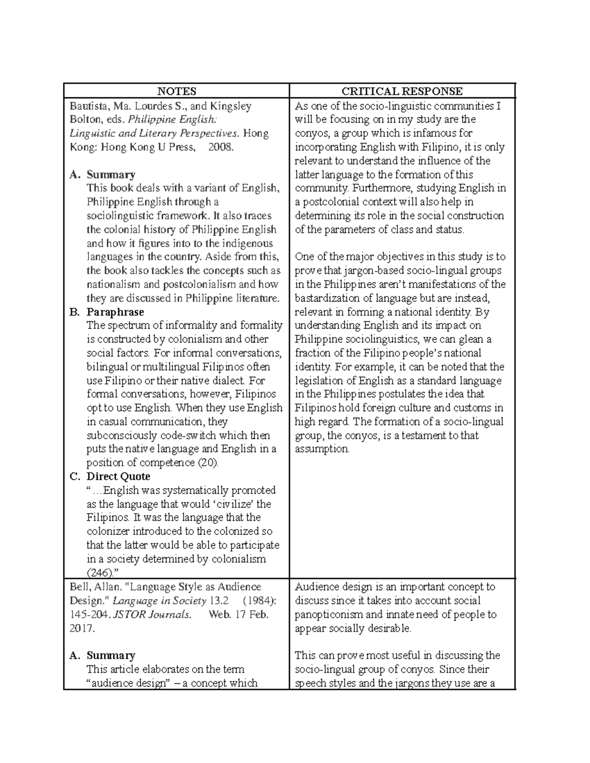 Critical Responses to Research Paper References (Summaries, Notes, etc ...