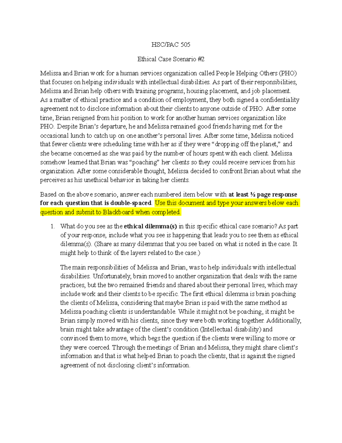Ethical case 2 - HSC/PAC 505 Ethical Case Scenario # Melissa and Brian ...