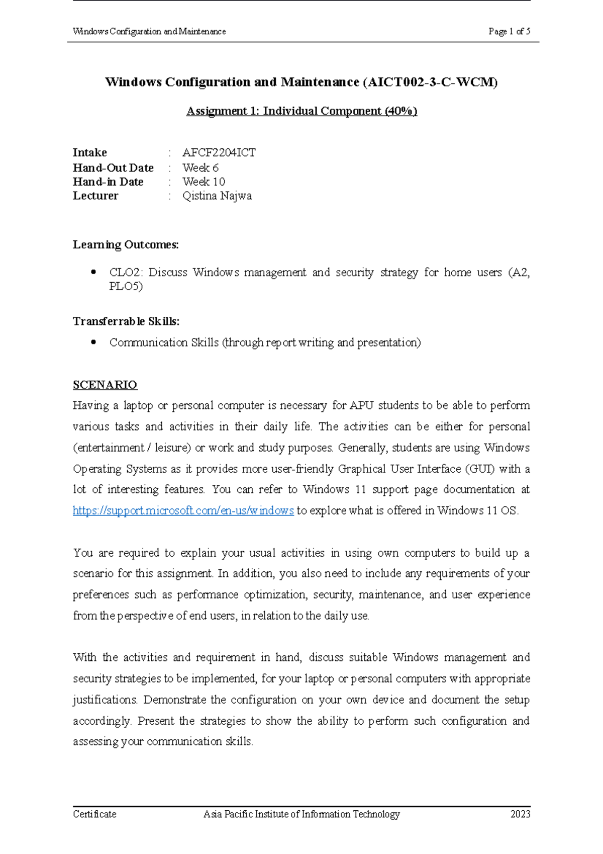 WCM Assignment 1 (Individual) - Windows Configuration and Maintenance (AICT002-3-C-WCM ...