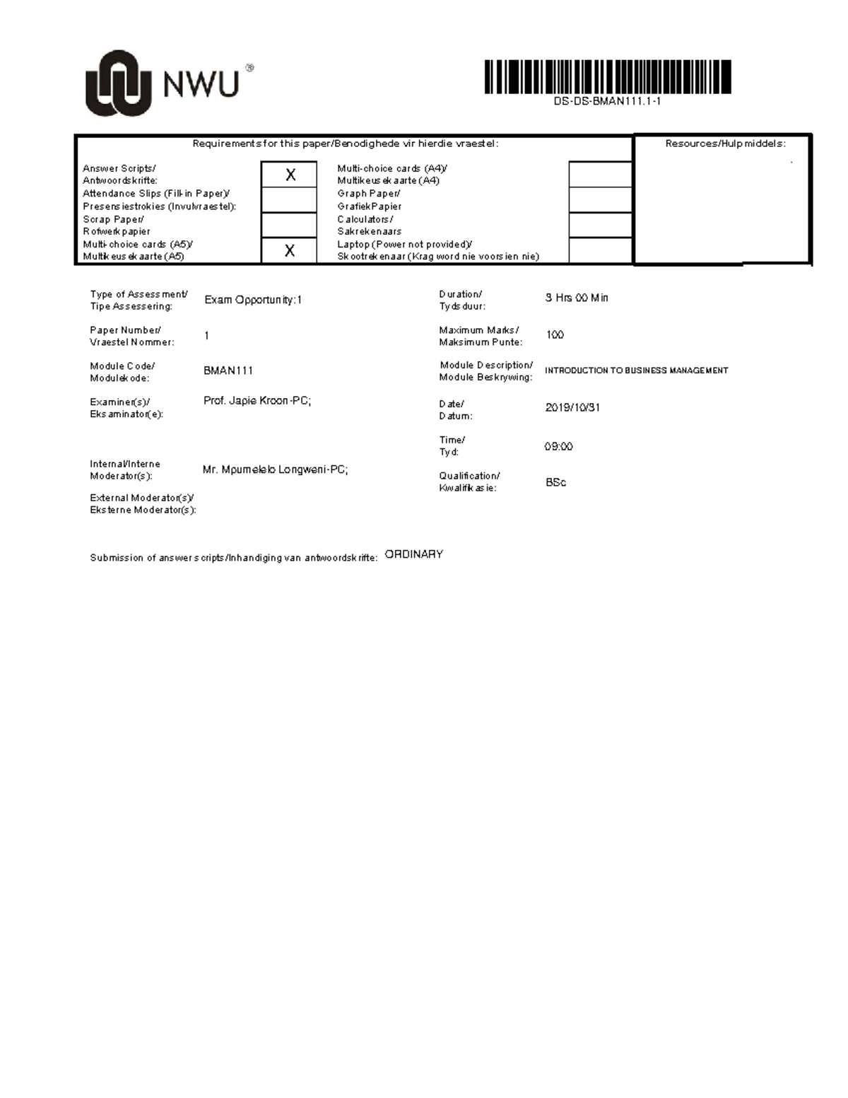 BMAN111 Past Paper - Type of Assessment/ Tipe Assessering: Duration ...