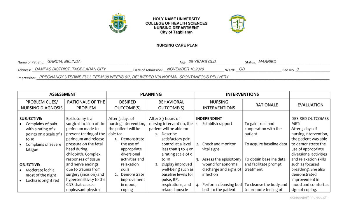 Nursing Care Plan for OB Patients - HOLY NAME UNIVERSITY COLLEGE OF HEALTH SCIENCES NURSING ...
