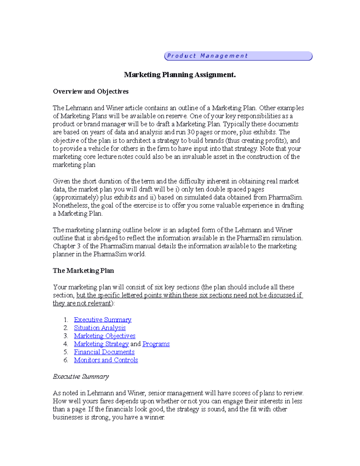Marketing Planning Assignment - Overview and Objectives The Lehmann and ...