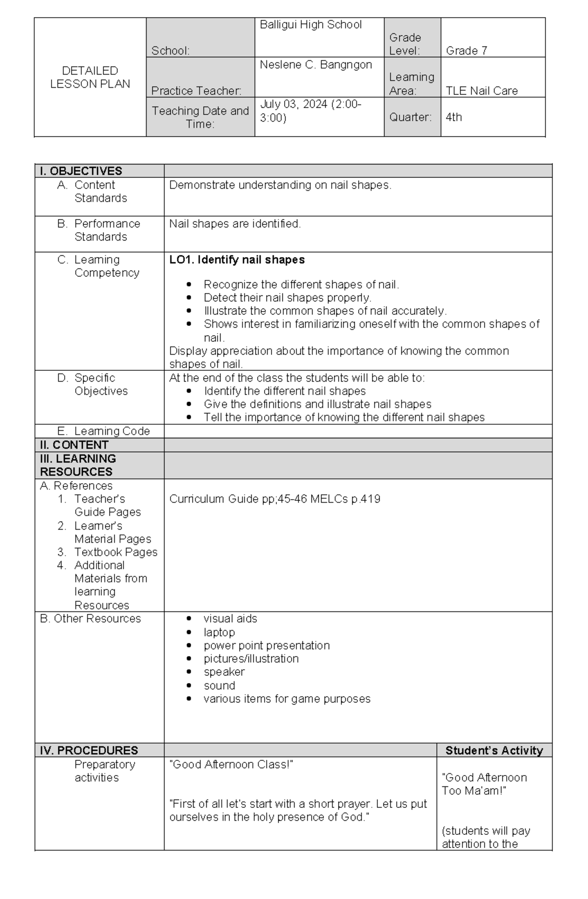 Final DLP Nailcare Lene - I. OBJECTIVES A. Content Standards ...