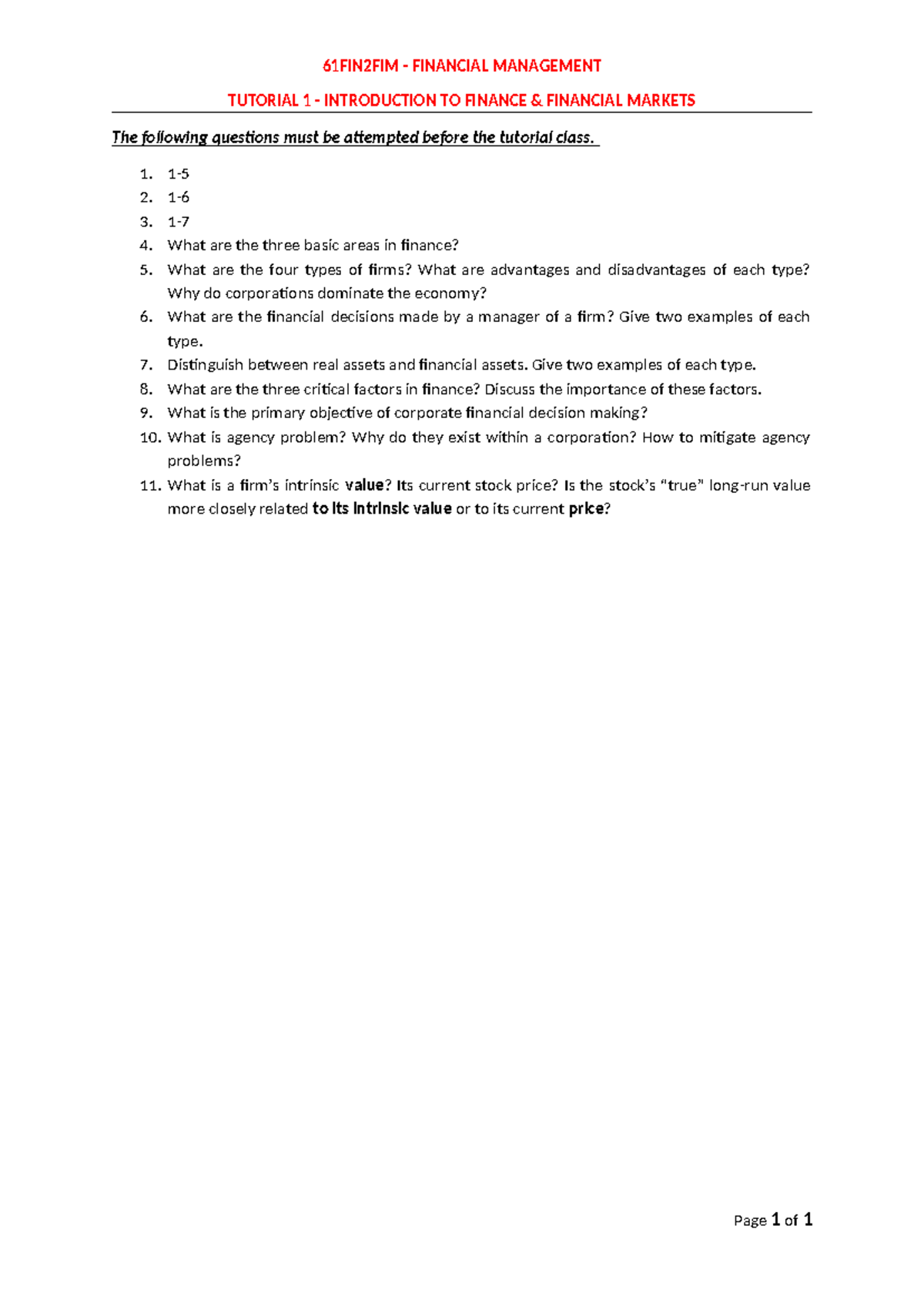 Tutorial 1 Intro - aaaaaaaaa - 61FIN2FIM - FINANCIAL MANAGEMENT ...