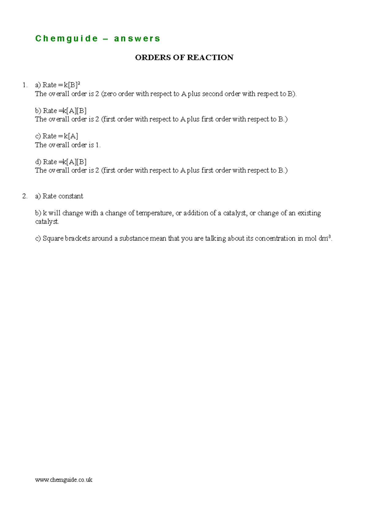 Order of Reaction Practice Answers - Chemguide – answers ORDERS OF ...