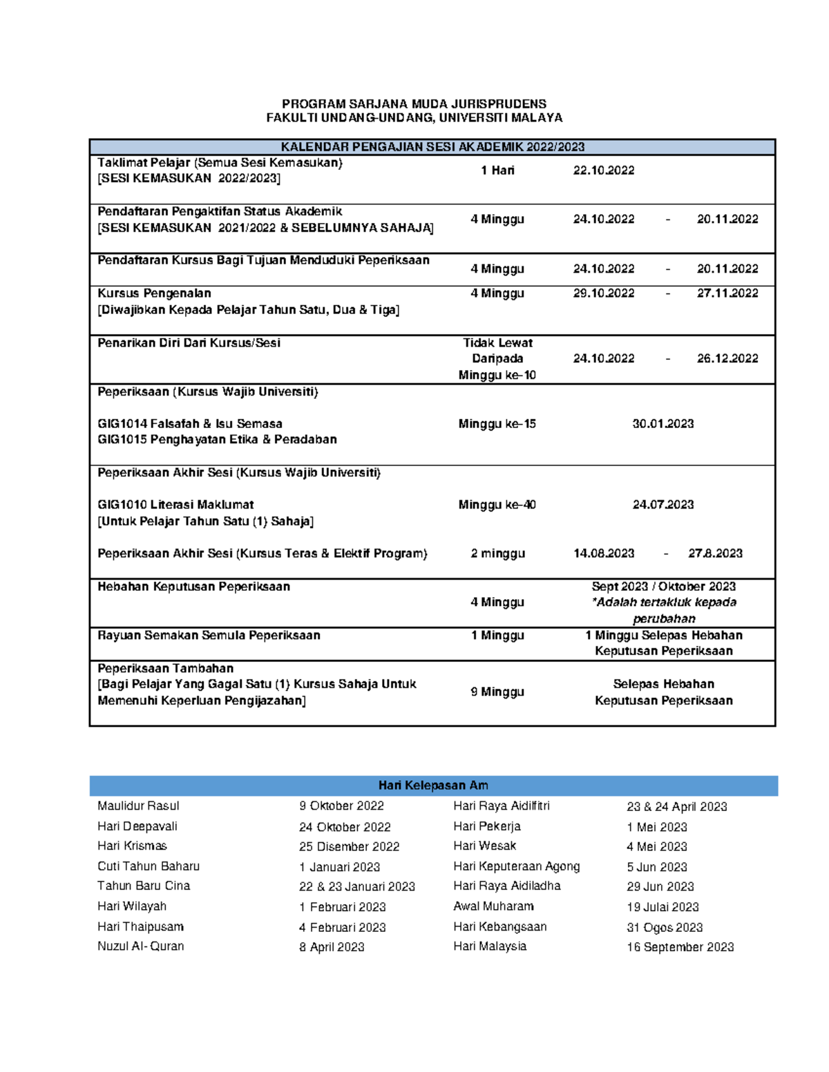 Kalendar Pengajian Sesi Akademik 2022-2023 - PROGRAM SARJANA MUDA JURISPRUDENS FAKULTI - Studocu