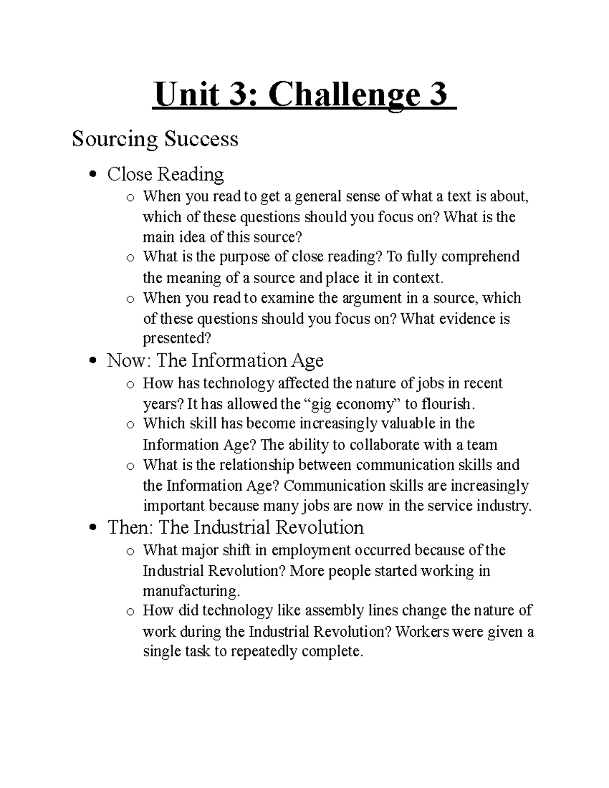 Challenge 3 Notes -U.S. History - Unit 3: Challenge 3 Sourcing Success ...